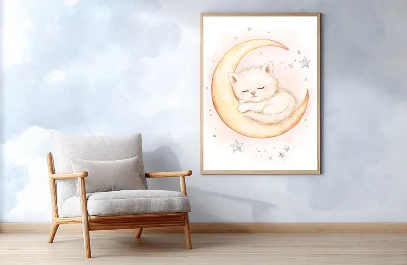 Koťátko mezi hvězdami - obraz - Spící koťátko na měsíci 76 - A4 – 210 × 297 mm - 159 Kč