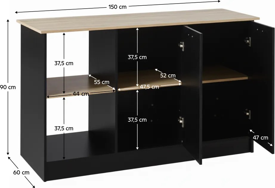 Kuchyňský ostrůvek, 150x60 cm, dub/černá, POMPEJ