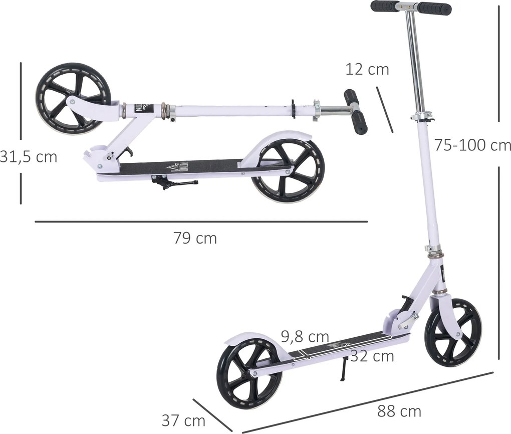 Skládací koloběžka HOMCOM pro děti 7-14 let, nastavitelná výška řídítek 4 úrovně s brzdou 88x37x100 cm Bílá