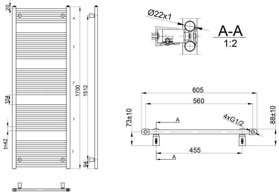 Aqualine DIRECT otopné těleso s bočním připojením 600x1700 mm, 914 W, bílá ILR66E