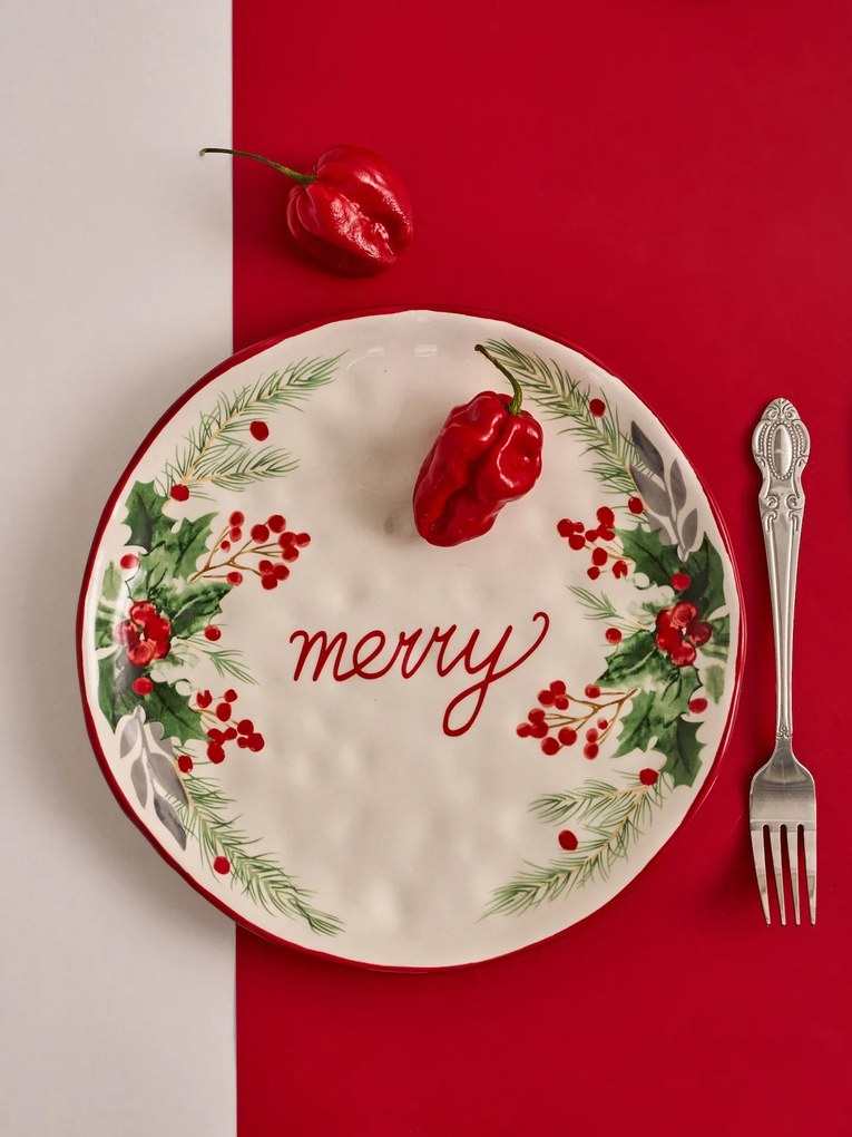 Sinsay - Vánoční keramický talíř s nápisem “Merry” - bílá