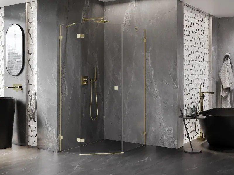 Mexen Lunar, Pětiúhelníkový sprchový kout Mexen Lunar s výklopným levým oknem 80 x 100 cm, 8mm čiré sklo, zlatý matný profil, 831-080L-100P-55-00-L