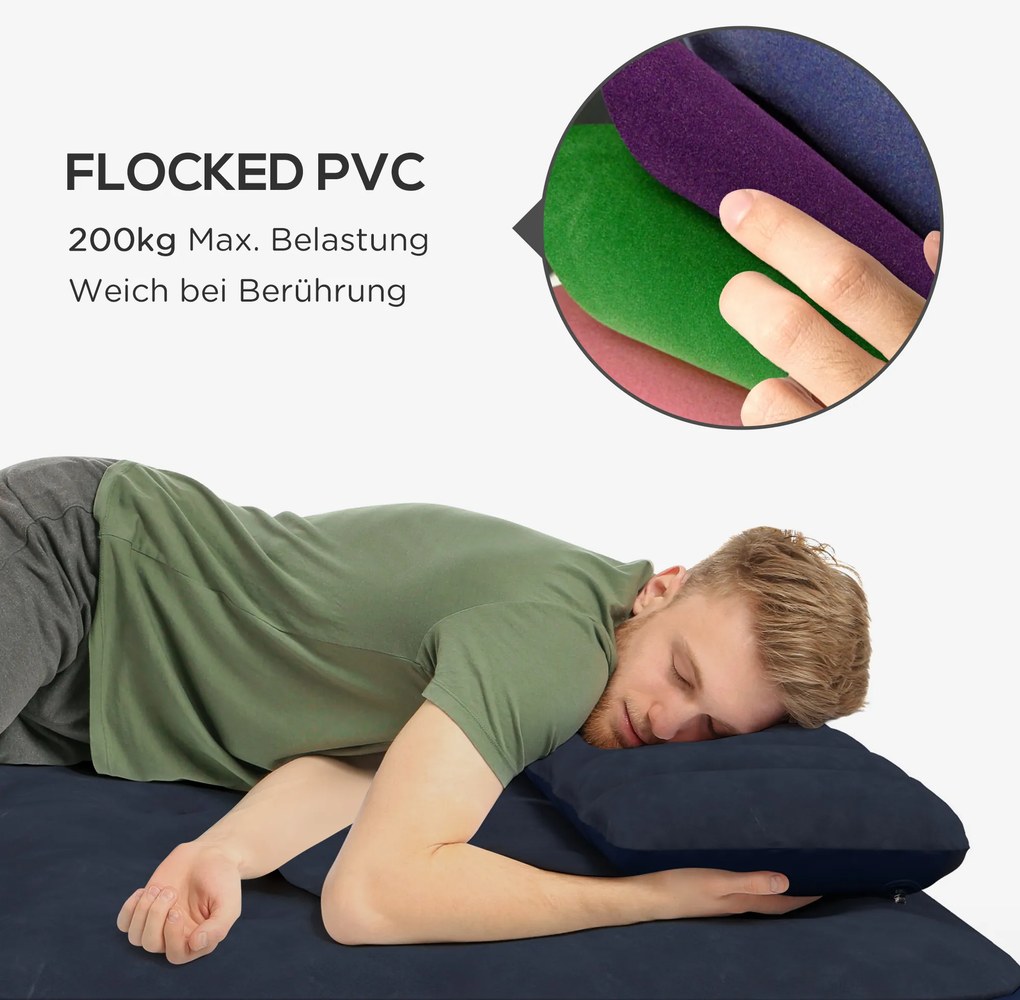 Nafukovací matrace Outsunny Double Air Mattress s ruční pumpou a polštářem, modrá 203x152x22cm pro kempování a hosty