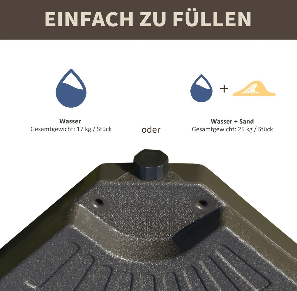 Stojan na slunečník naplnitelný 17 kg vody nebo 25 kg písku z HDPE v kávové barvě 100x100x10,5 cm pro slunečníky | Aosom.de