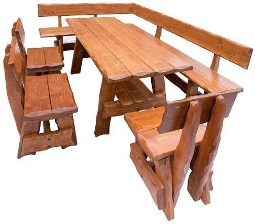 DREWMAX Rohový zahradní set z masivního smrkového dřeva stůl + 1x lavice + 3x křeslo - BÍLÁ + LAK