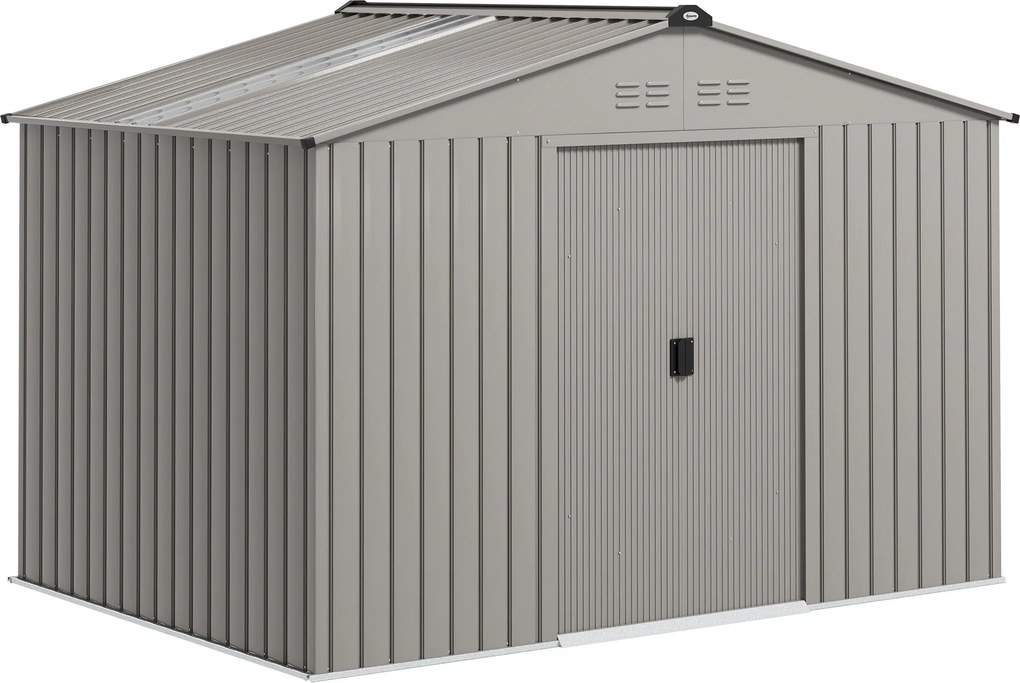 Zahradní domek Outsunny 4,9 m² 277x195x192 cm s posuvnými dveřmi, sklolaminátovou střechou a zesíleným podstavcem (podlaha NENÍ součástí) a 4 okny šed