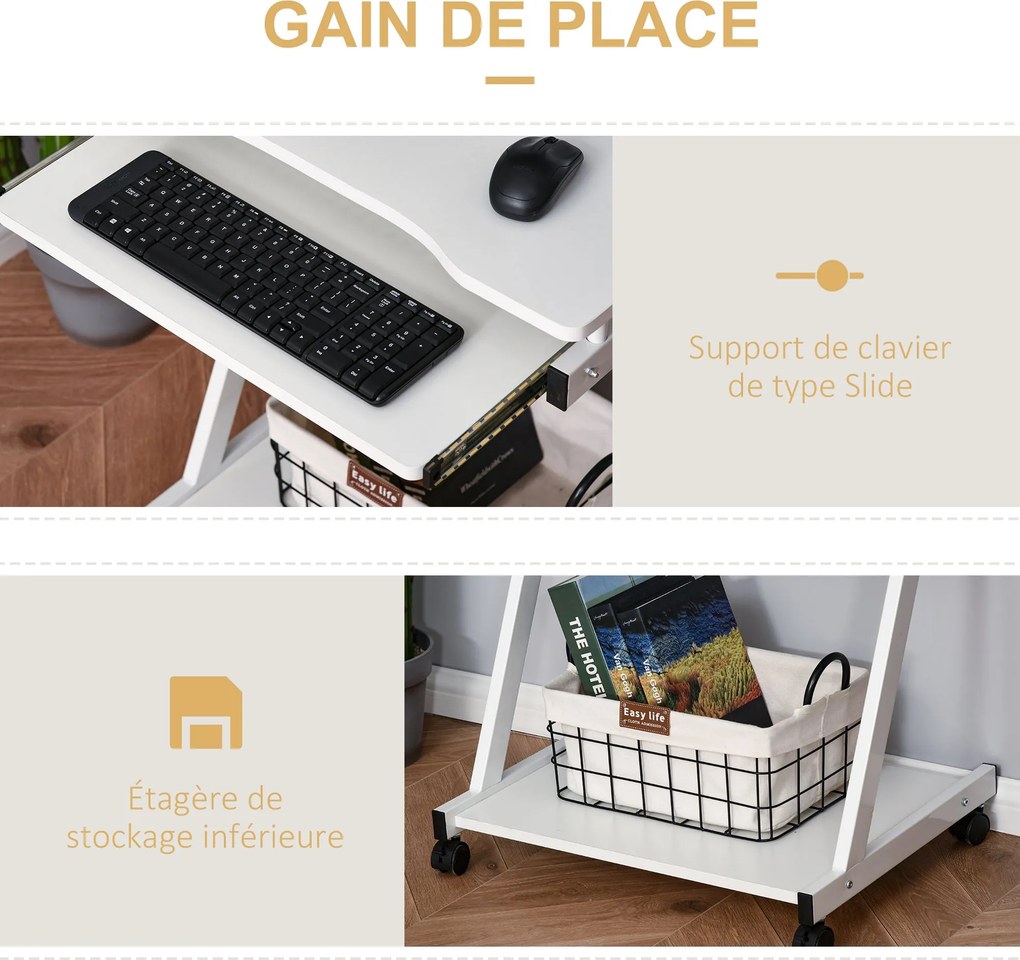 HOMCOM Mobilní Počítačový Stůl - Pojízdný Stůl - Počítačový Stůl - Skleněná Klávesnicová Police + Police - Bílý
