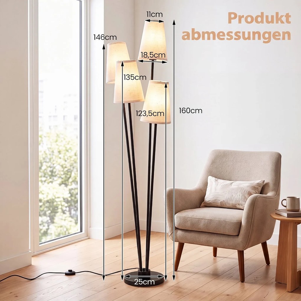 Costway 4-plamenová stojací lampa s nožním spínačem a 4 stínidla Moderní stojací