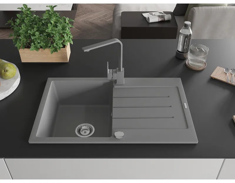 Mexen Bruno, dřez granitový 795x495x200 mm, 1-komorový, šedá s chromovým sifonem a šedá dřezová baterie Rita, 6513-71-670300-71