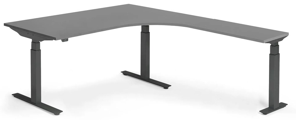 AJ Produkty Výškově stavitelný stůl Modulus, rohový, 1600x2000 mm, černý rám, černá