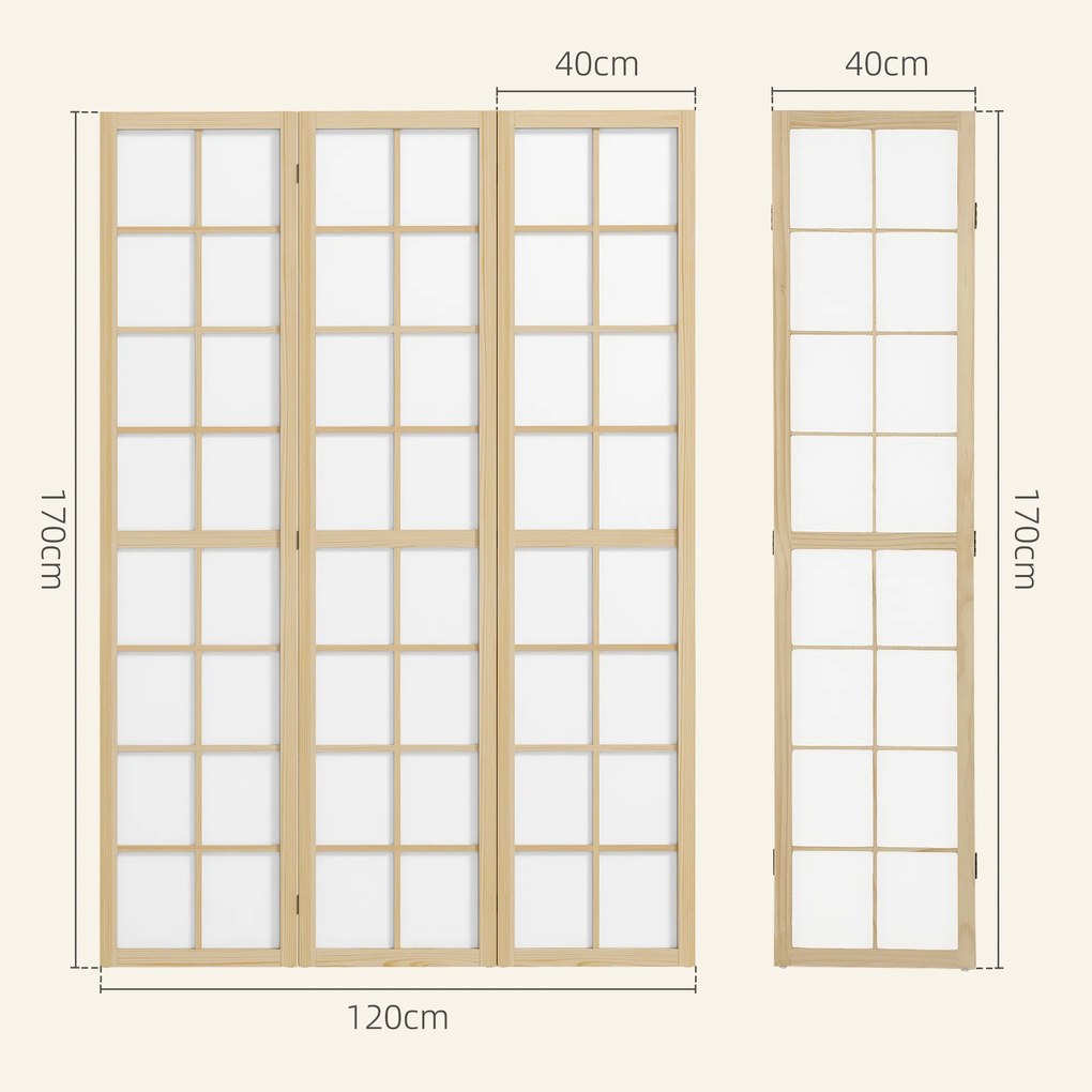 HOMCOM 3-panelový skládací paraván 120x170 cm - rozdělovač prostoru pro obývací pokoj, ložnici a kancelář z borového dřeva a bílý