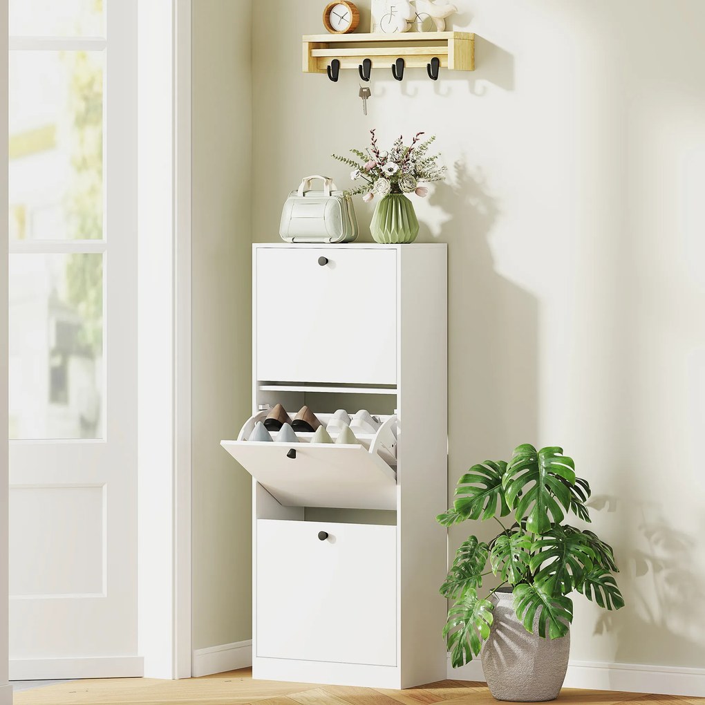 HOMCOM Botník se 3 Zásuvkami, Botník s Nastavitelnými Přihrádkami, Úzký Botník pro 12 Párů Bot 47 x 26 x 120 cm, Bílý
