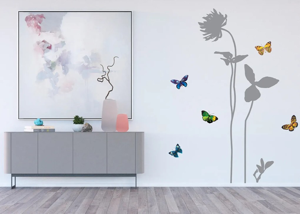 Samolepka na zeď Motýly na Šedých Květinách | 65 x 85 cm | DF0405