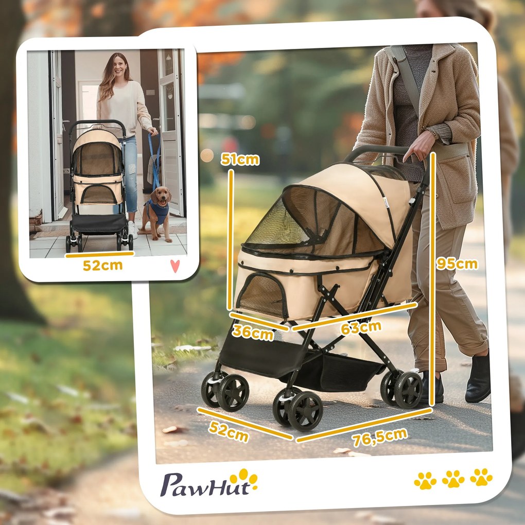PawHut kočárek pro malé psy a kočky, kočárek pro domácí mazlíčky Oxford světle hnědý 76,5 x 52 x 95 cm, pohodlný a mobilní