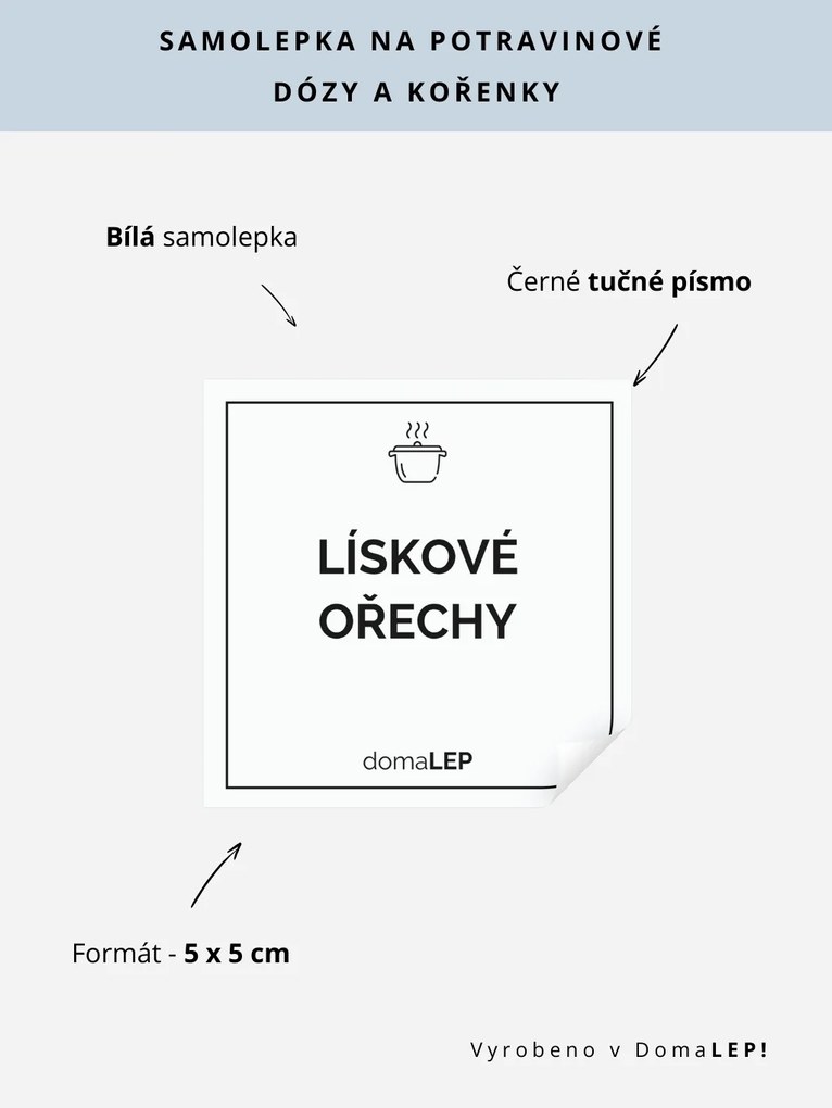 LÍSKOVÉ OŘECHY MLETÉ – bílá samolepka na dózu, tučné písmo, 5 x 5 cm | DomaLEP