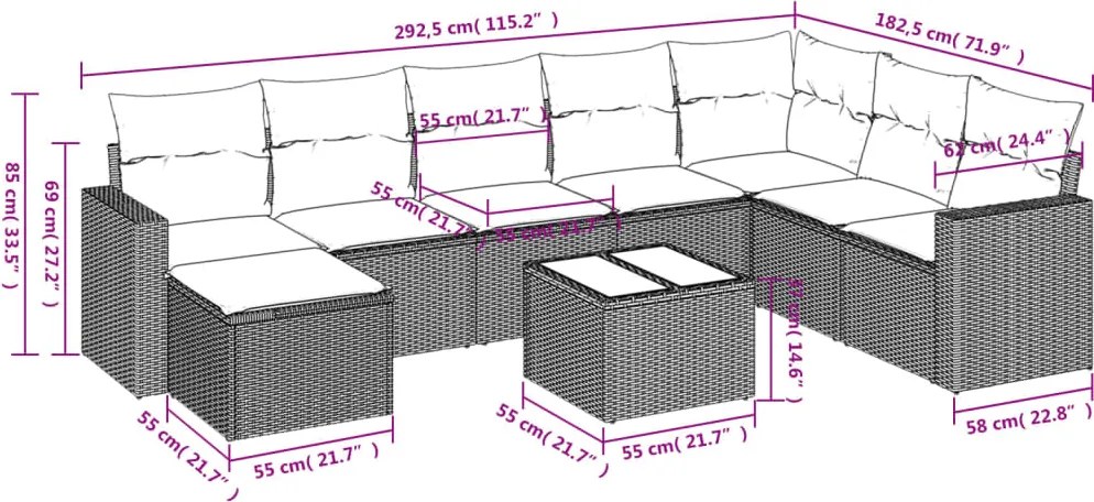 9dílná zahradní sedací souprava s poduškami černá polyratan 3251702