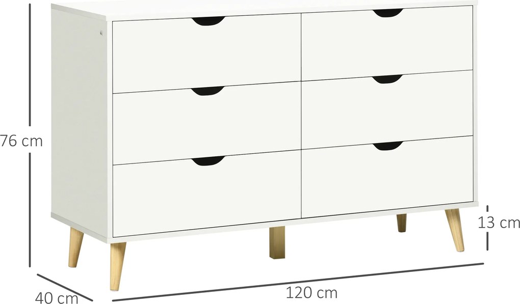 HOMCOM zásuvkový komoda s 6 zásuvkami pro kuchyň, ložnici, obývací pokoj, studium - moderní styl, systém proti převrhnutí 120x40x76 cm bílá