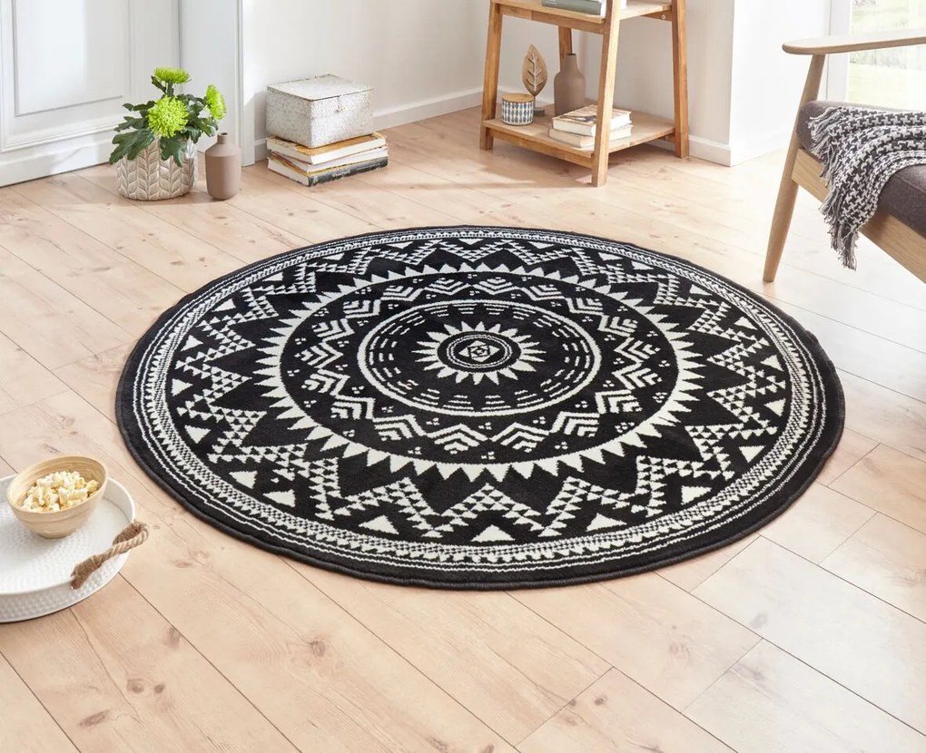 Hanse Home, Kusový koberec Celebration 103441 Valencia Black kruh, 140x140 (průměr) kruh, černobílá, chodba / předsíň