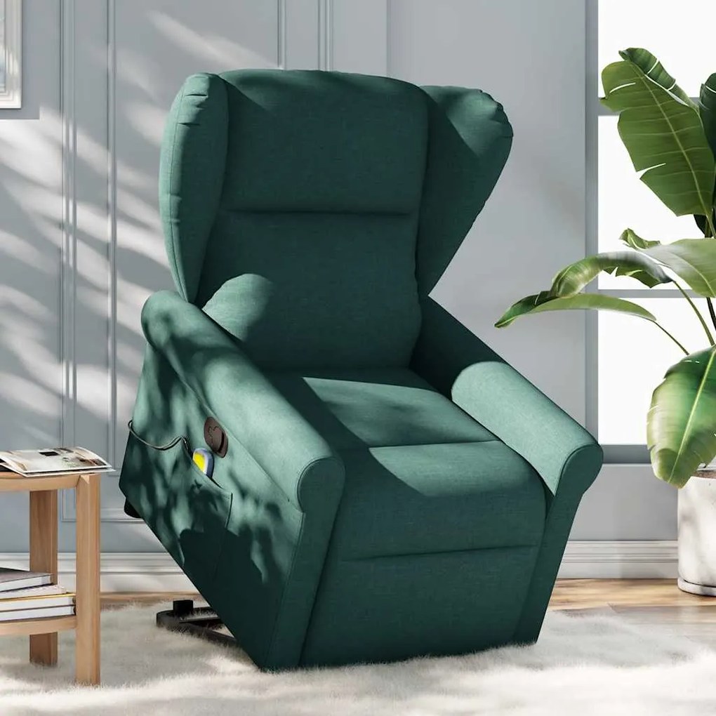 Zvedací masážní polohovací křeslo tmavě zelené textil 3303390