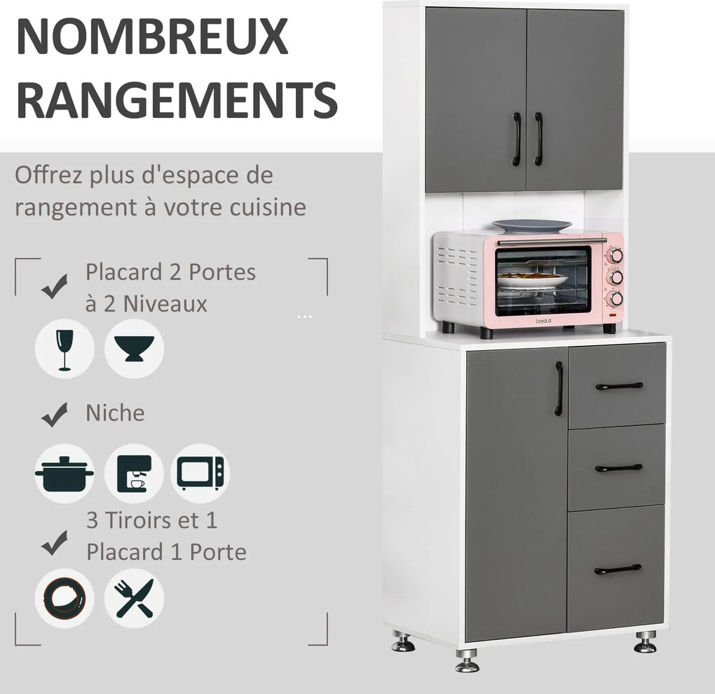 HOMCOM Kuchyňský bufet s více úložnými prostory 2 + 1 dvířka 3 zásuvky + Velký pracovní stůl Rozměry 60L x 40W x 160H cm Šedá Bílá