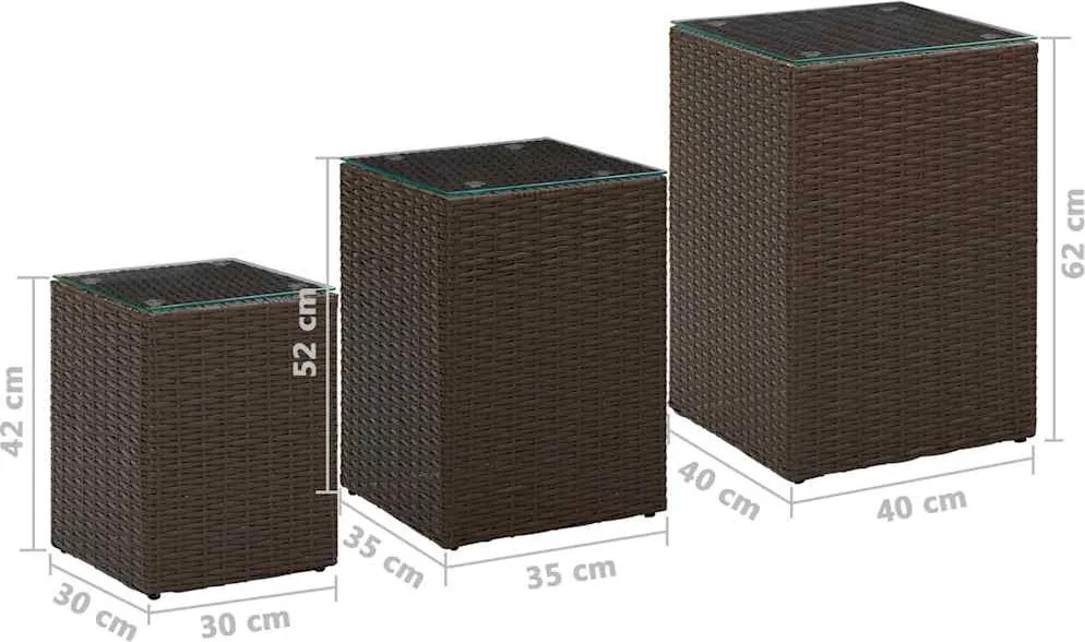 Odkládací stolky 3 ks se skleněnou deskou hnědé polyratan 316380