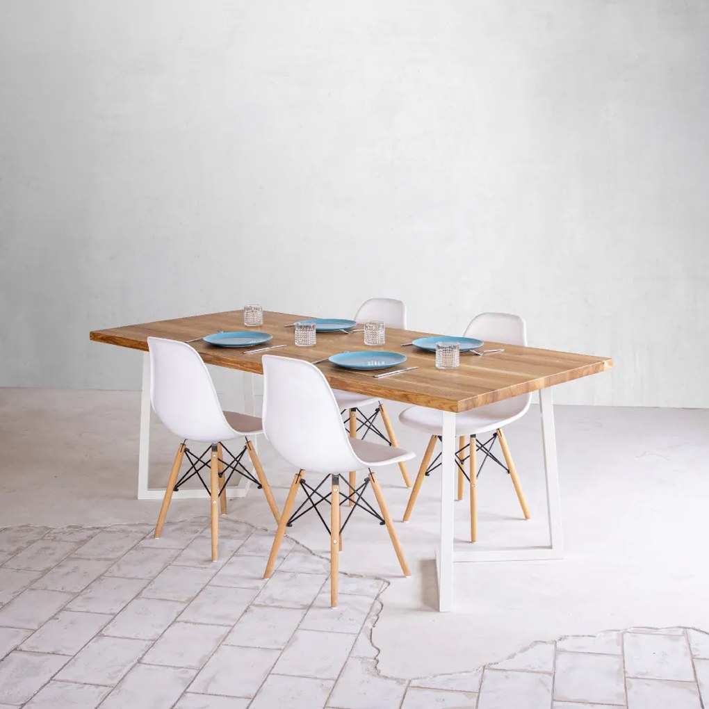 KULHÁNEK Jídelní stůl s rovnou hranou a kovovou podnoží "V" Velikost desky: individuální, Odstín podnože: bílá - RAL 9010