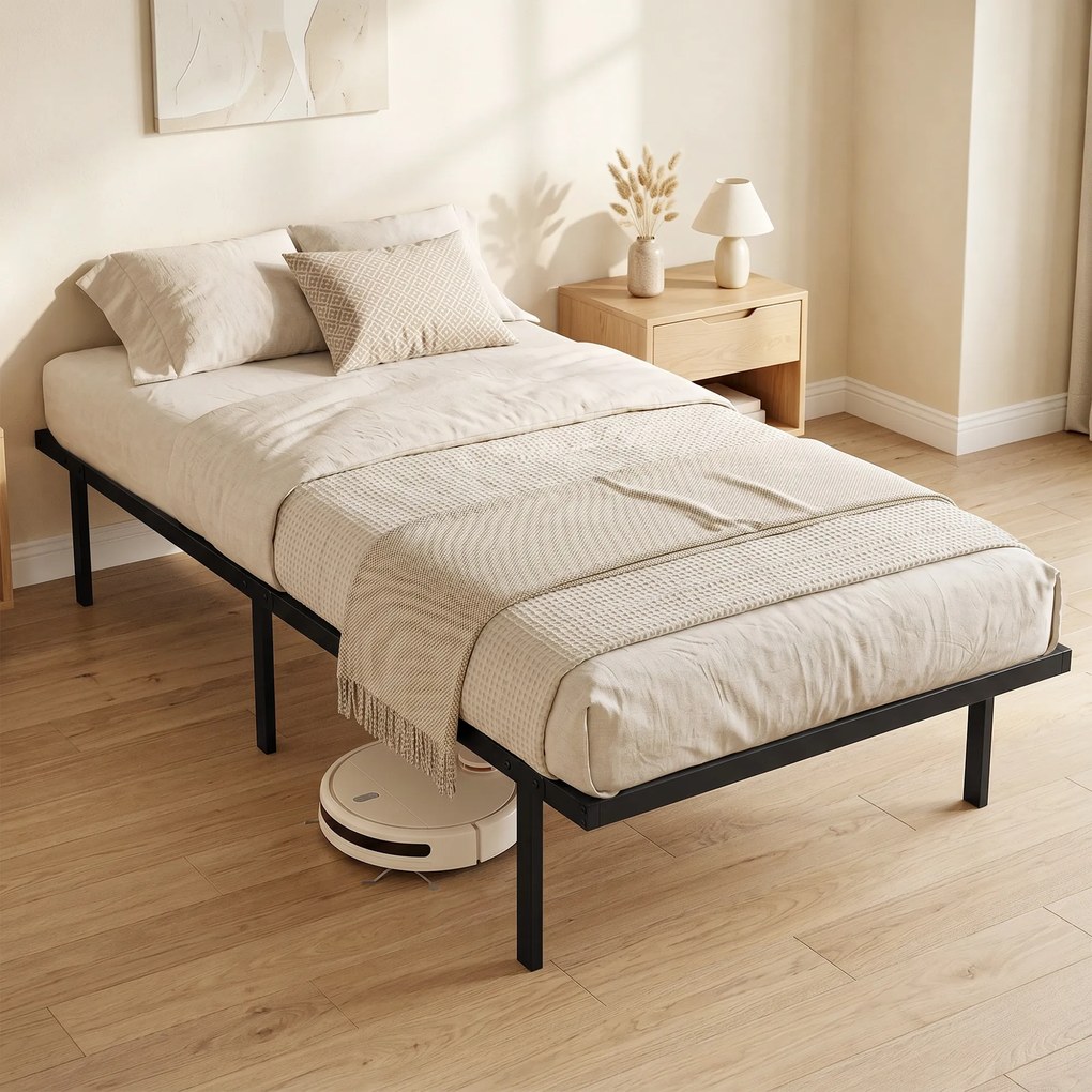 HOMCOM kovový rám postele s úložným prostorem pod postelí, výška 35,5 cm, tichý design, bez roštů, snadná montáž, 90 x 200 cm, černý