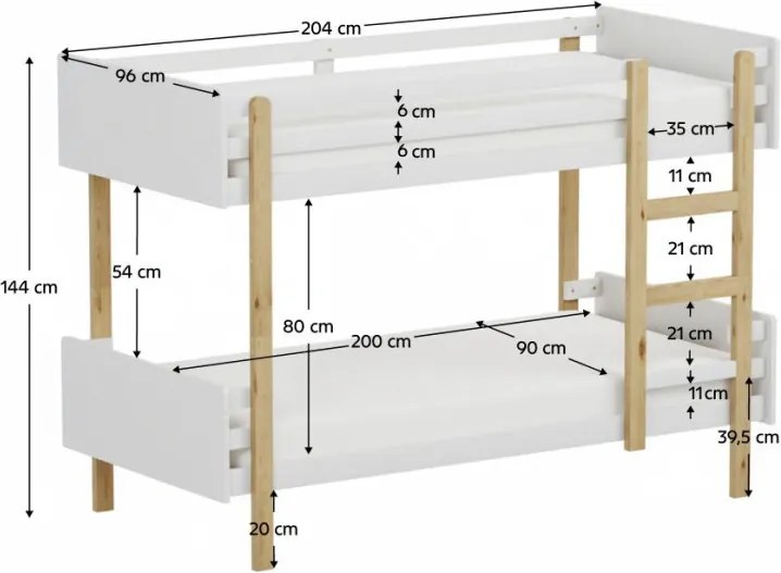Patrová postel, 90x200, dub/bílá, DAMLA Kondela 0000412692