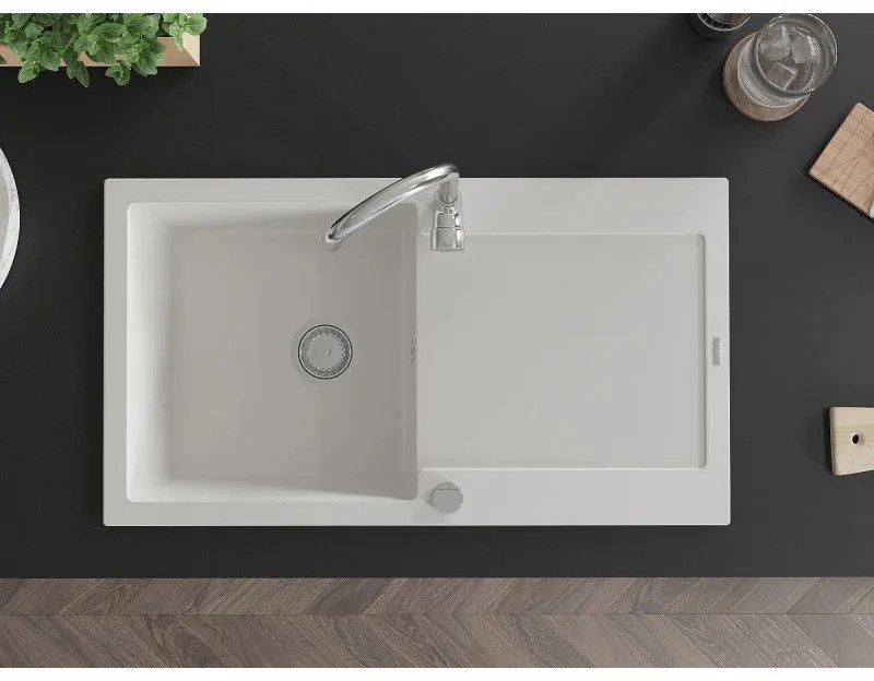 Mexen Leo, 1-komorový granitový dřez s odkapávačem 90x50 cm a kuchyňskou baterií Telma, bílá, 6501-20-670200-00