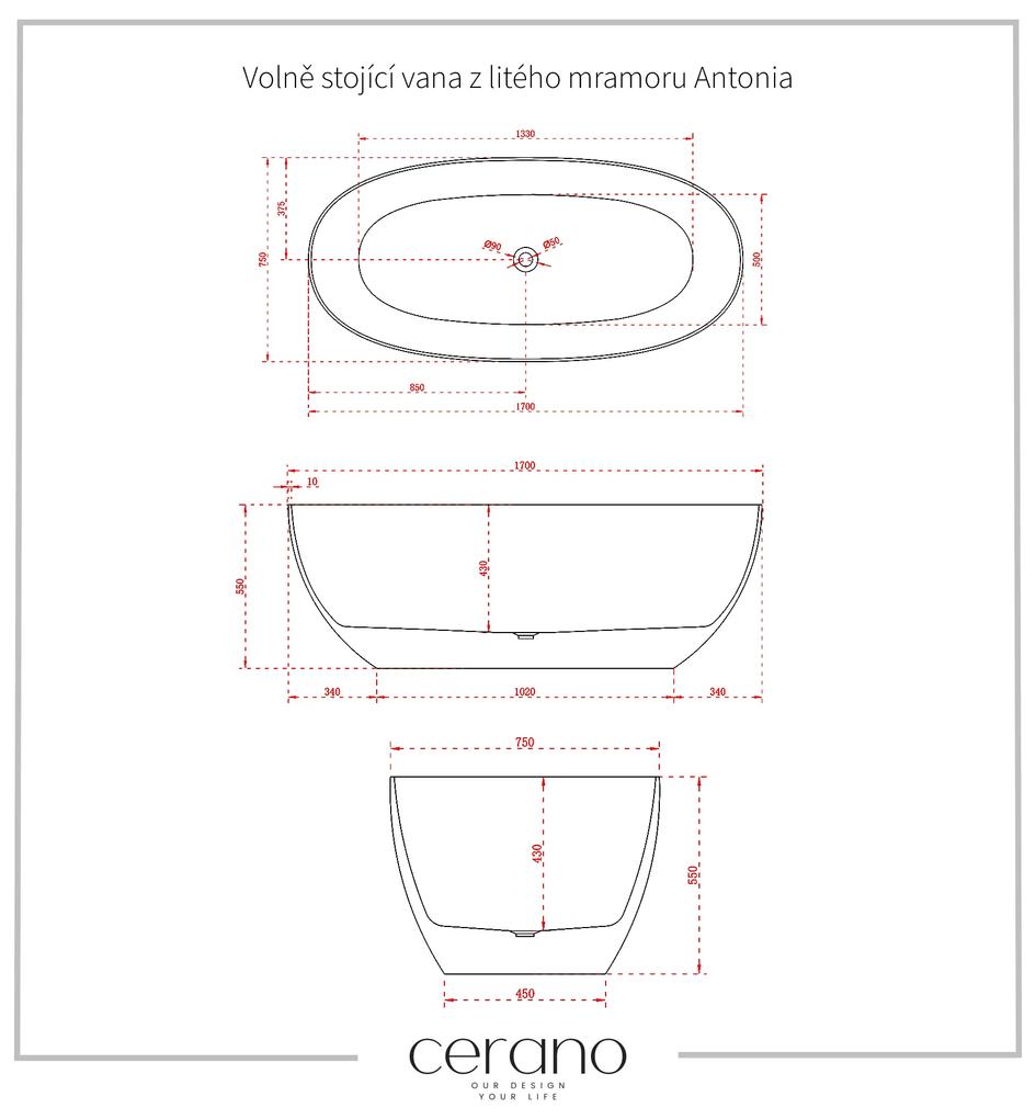 CERANO - Volně stojící vana z litého mramoru Antonia - bílá matná - 170x75cm