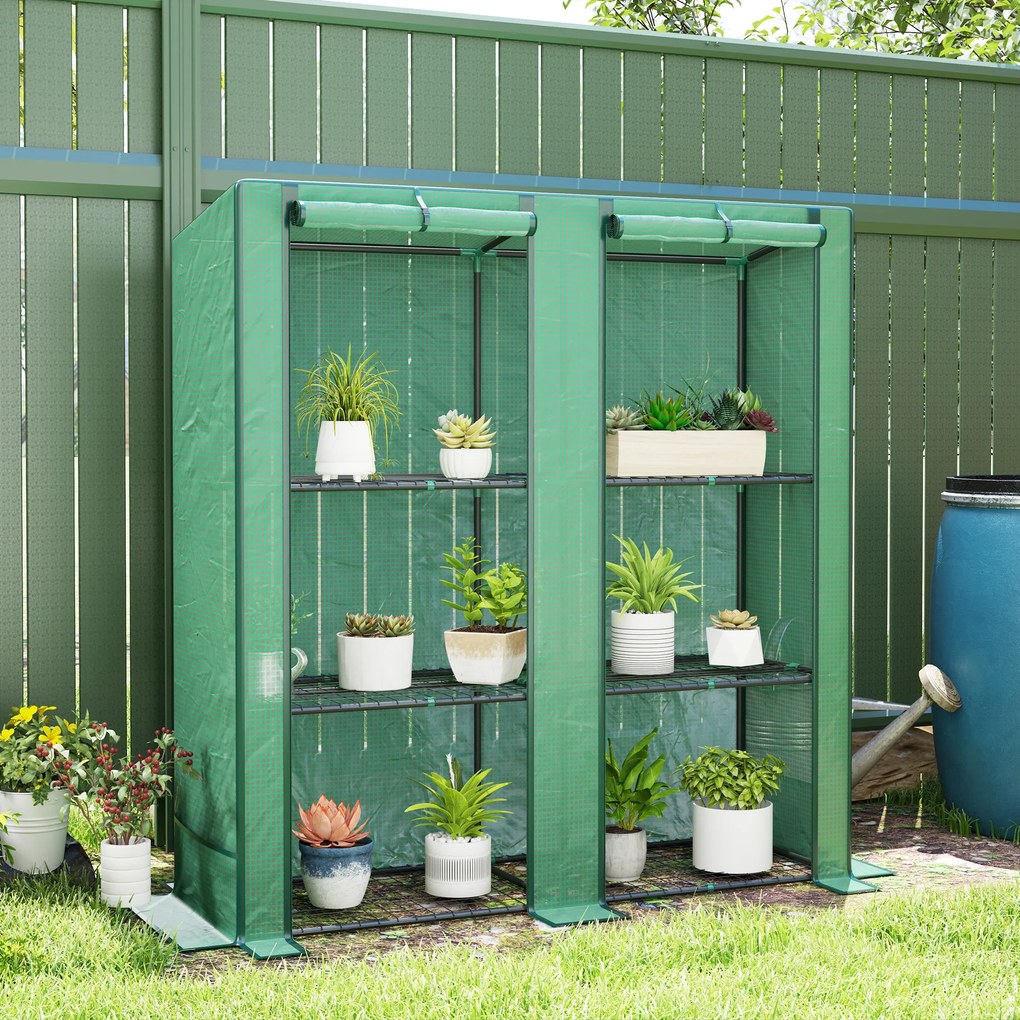 Outsunny Mini skleník s 3patrovou policí, plastové krytí, odolný proti UV, přenosný, rolovací dveře, 144 x 48 x 152 cm, zelená
