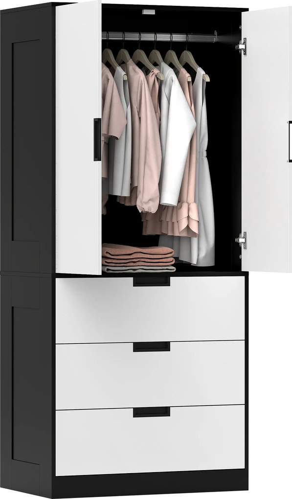 HOMCOM 2-dveřová skříň se 3 zásuvkami, moderní skříň s šatní tyčí, pro ložnici, černo-bílá