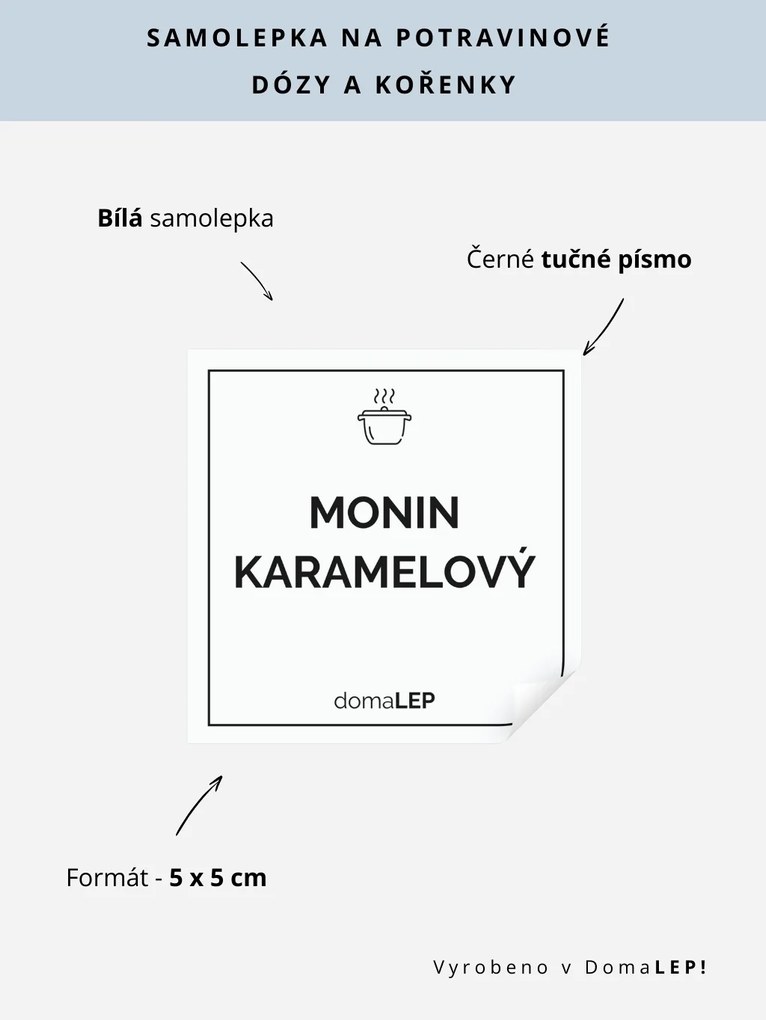 Samolepka na láhev MONIN KARAMELOVÝ 5 x 5 cm – bílá vinylová, voděodolná, omyvatelná samolepka na dózy, tučné písmo
