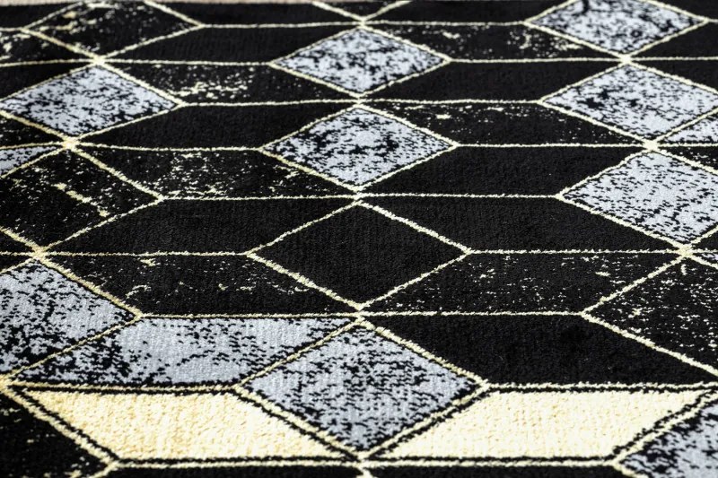 Dywany Łuszczów, Běhoun Gloss 400B 86 3D geometric black/gold, 70x300, černá, obývací pokoj