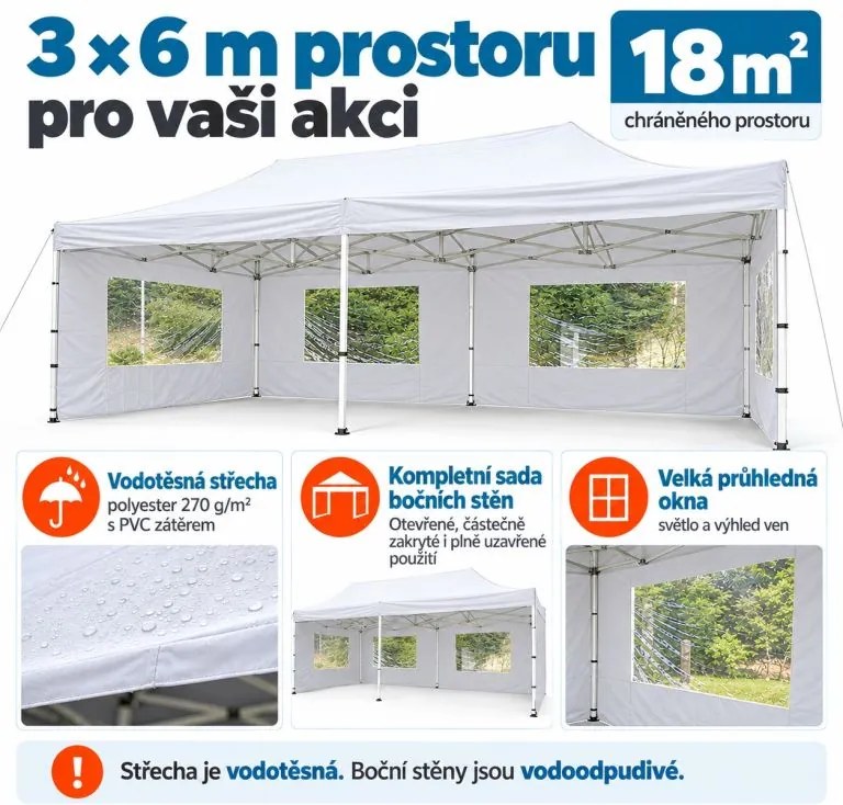 Nůžkový párty stan 3 × 6 m s bočními stěnami, bílý