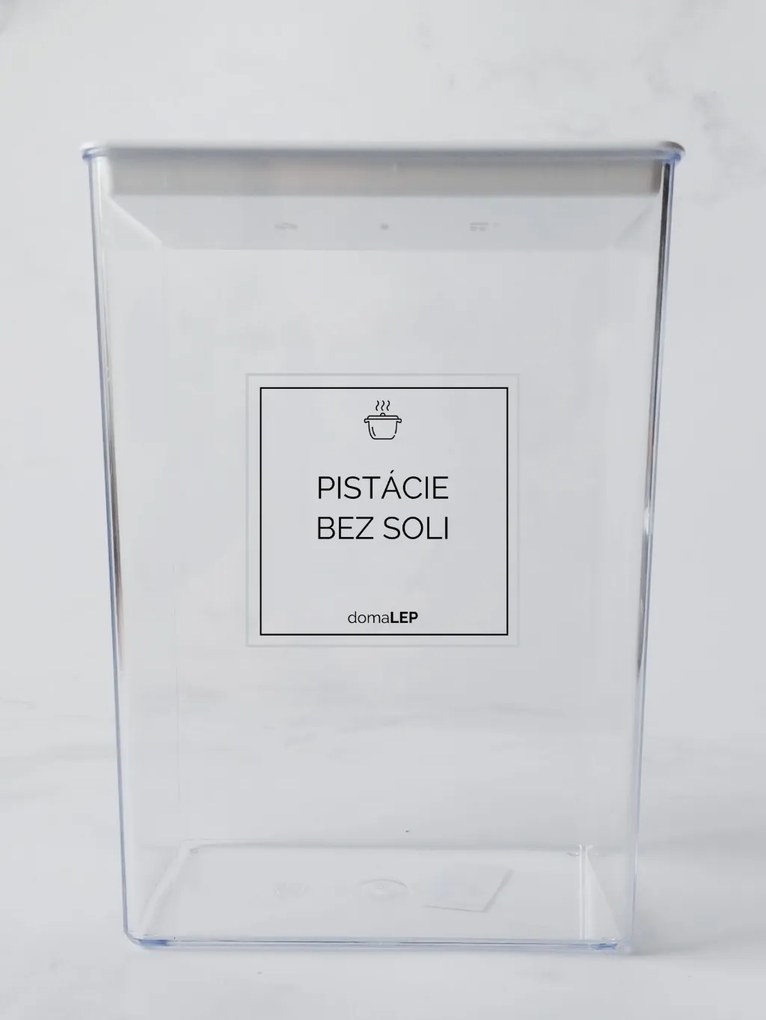 PISTÁCIE BEZ SOLI – průhledná samolepka na dózu, základní písmo, 5 x 5 cm | DomaLEP