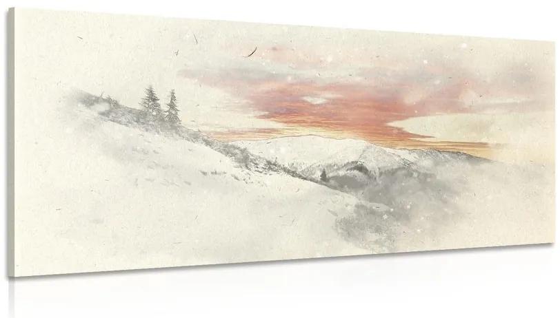 Obraz zapadající slunce nad zasněženými horami - 120x60 cm