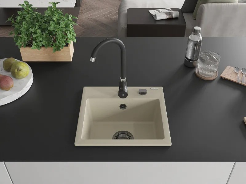 Mexen Milo, granitový dřez 435x410x171 mm, 1-komorový, béžová s černým sifonem, 6505441000-69-B