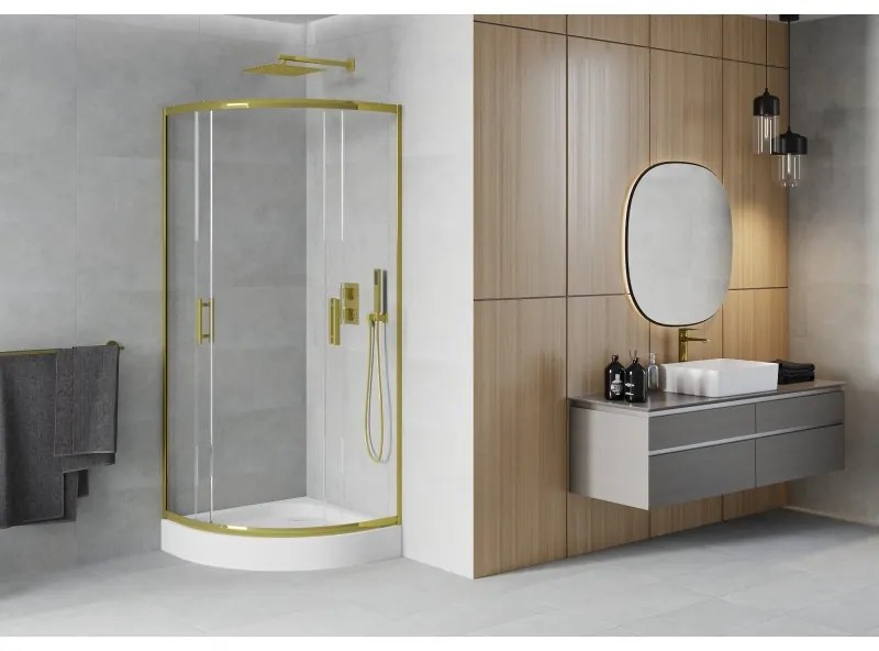 Mexen Rio půlkruhový sprchový kout 80 x 80 cm, Průhledné, Zlatá + sprchová vanička Rio, Bílá - 863-080-080-50-00-4710