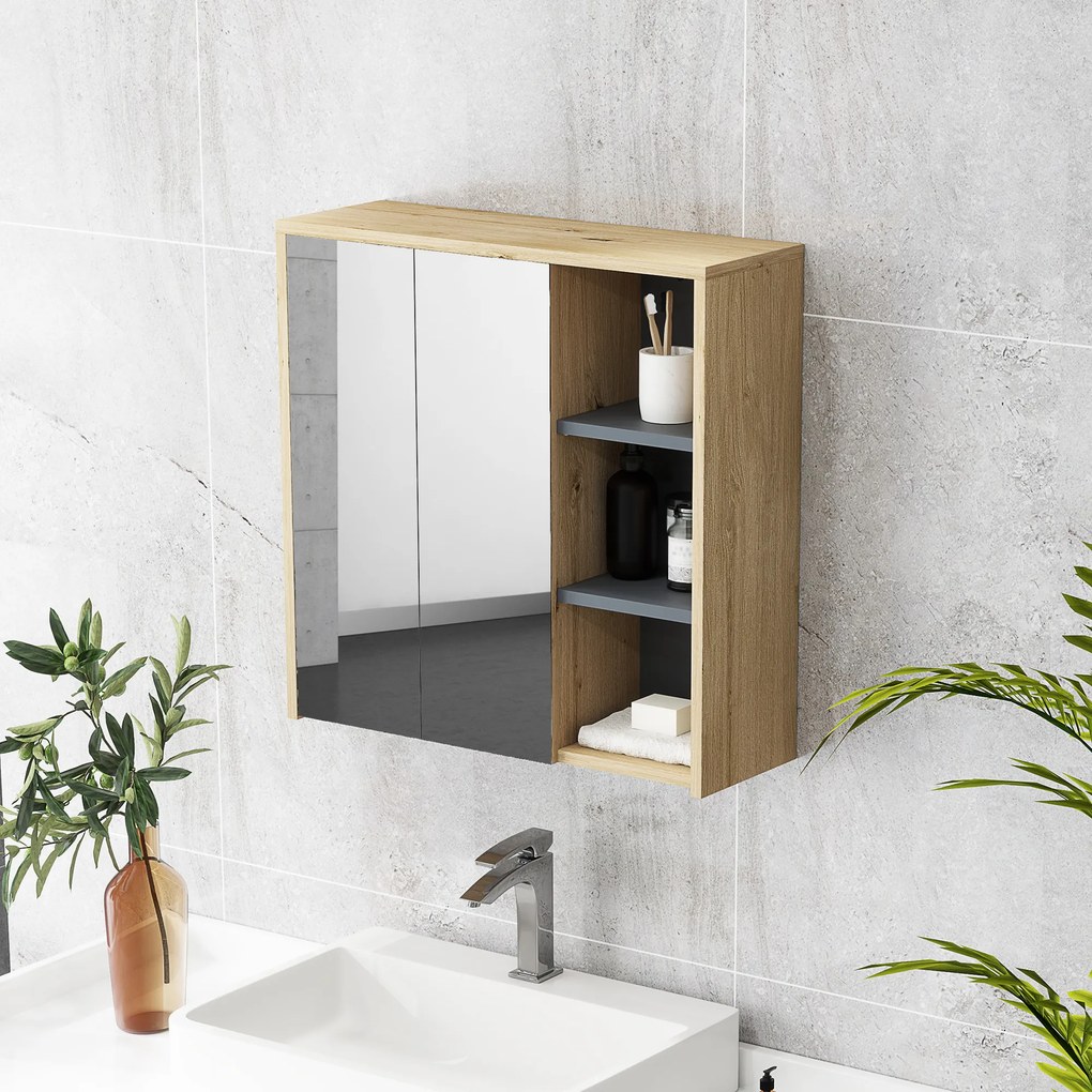HOMCOM Koupelnová skříňka s zrcadlem - Nástěnná koupelnová skříňka se zrcadlem a policemi, moderní styl 60x20x60 cm, přírodní dřevo