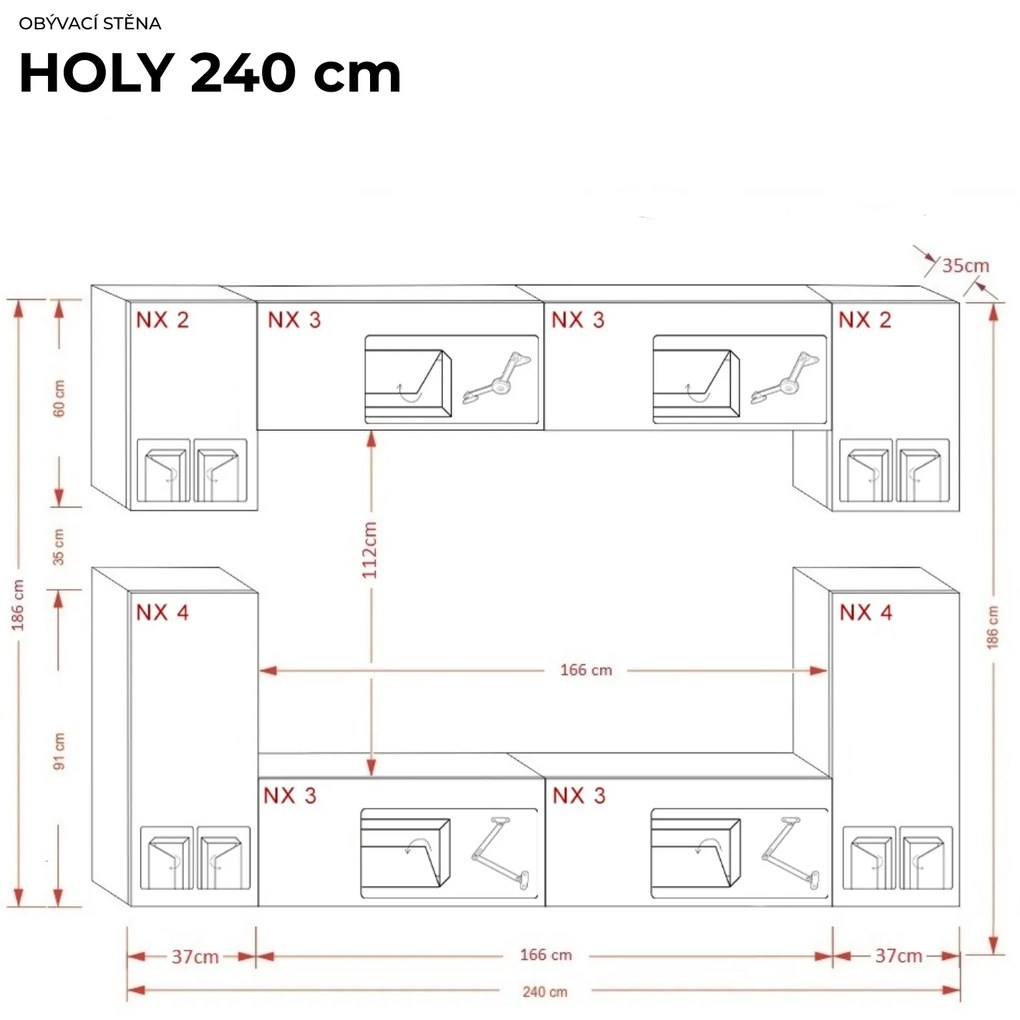 Ral Obývací stěna HOLY 1, 240 cm - Černý lesk