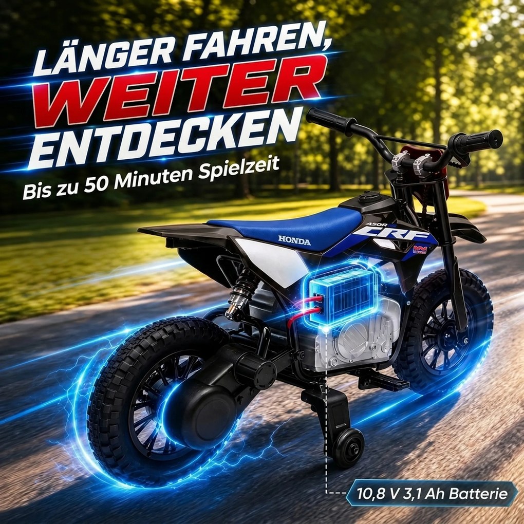 AIYAPLAY Elektro motorka pro děti HONDA CRF 450R 12V dětský motokros s 35W motorem, lithiová baterie, zadní odpružení, kola 12 palců 370-485V90BK