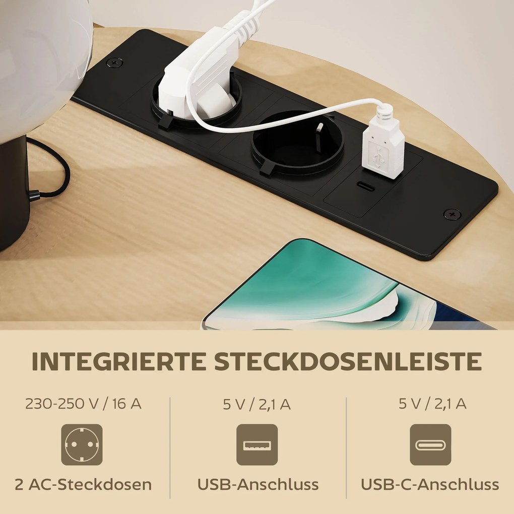 HOMCOM Odkládací stolek 3patrový konferenční stolek s nabíjecí stanicí, látková úložná taška, odkládací plocha, 50x50x55,1 cm, přírodní dřevo