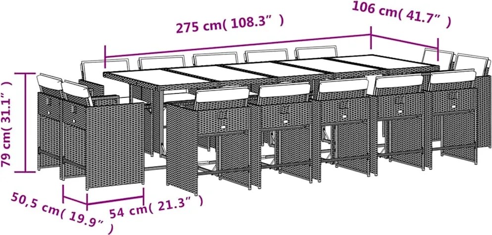 15dílný zahradní jídelní set s poduškami hnědý polyratan 3210693