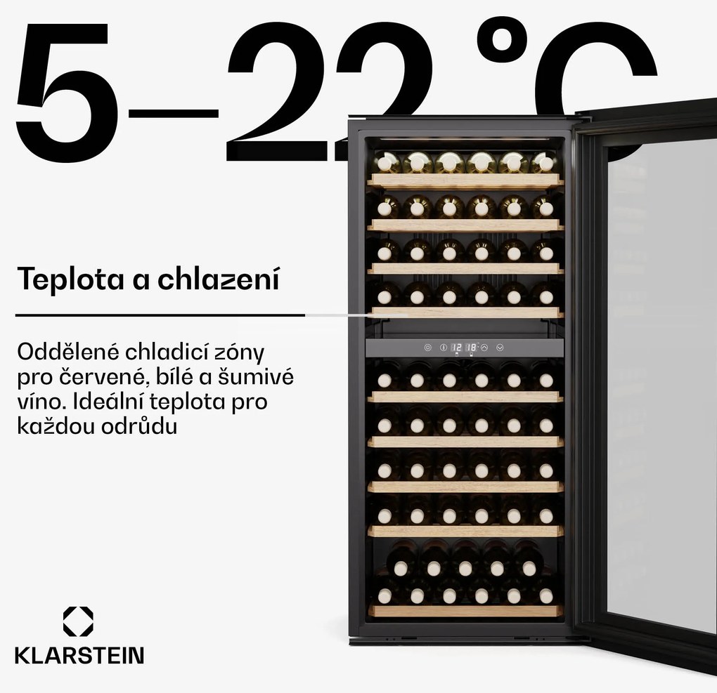 Klarstein Vinsider Duo vinotéka, 79 lahví, 2 chladicí zóny, UV ochrana, 9 polic, Dotykové ovládání