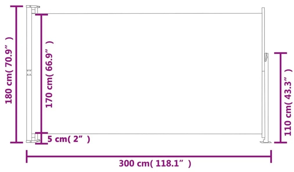 vidaXL Marketos Zatahovací boční markýza 180 x 300 cm krémová