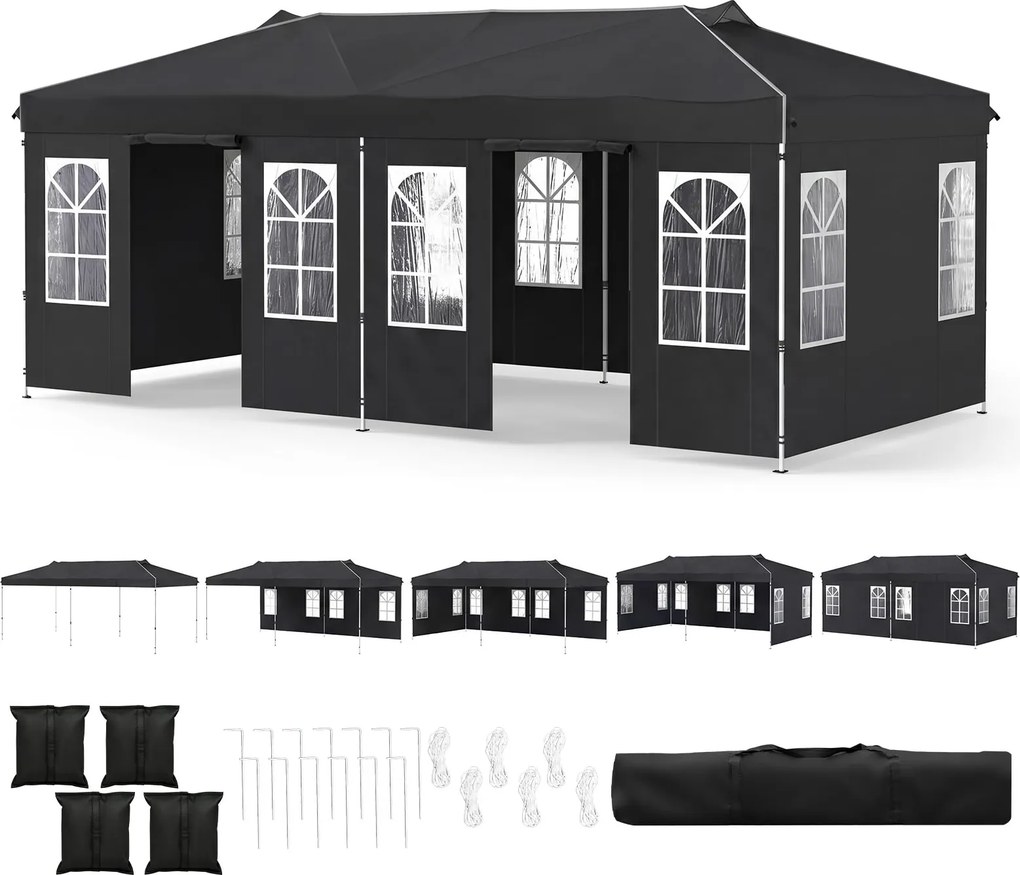 Costway Pavilon výškově nastavitelný párty stan s 6 bočními stěnami a černými