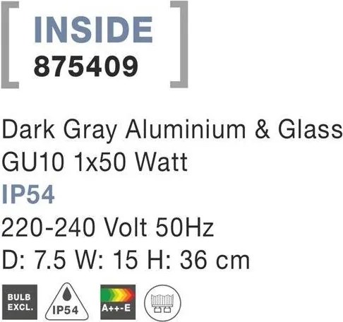 NV 875409 Venkovní svítidlo s bodcem INSIDE tmavě šedý hliník a sklo GU10 1x7W 220-240V IP54 bez žárovky - NOVA LUCE