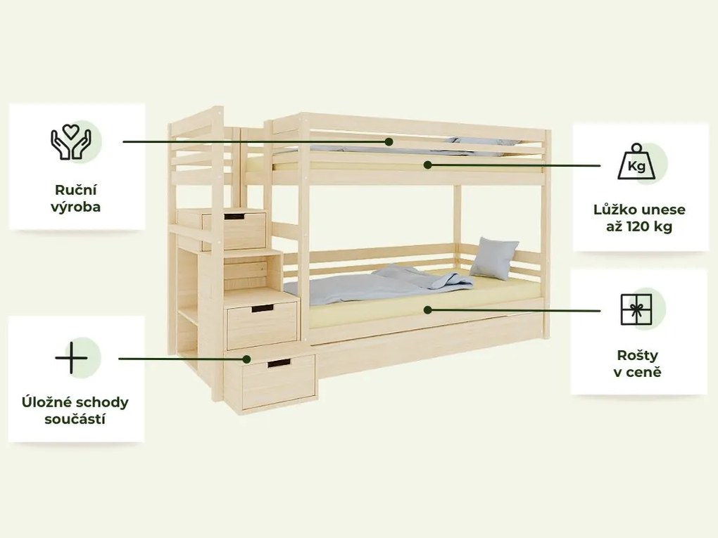 Benlemi Patrová postel TULY s úložnými schody 90x200 cm Zvolte barvu: Transparentní vosková lazura matná, Zvolte šuplík: Úložný šuplík, Zvolte stranu: Vpravo