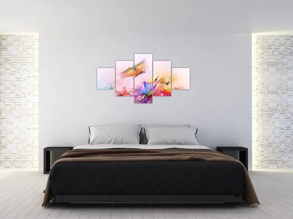 Obraz - Motýl nad květinou, abstrakce (125x70 cm)